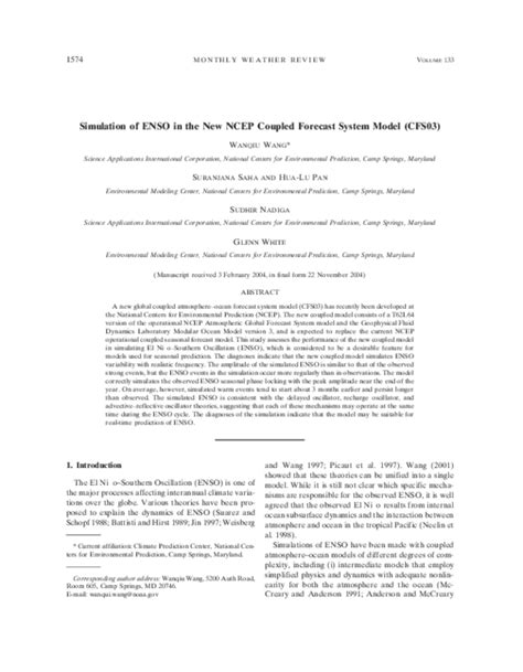 Pdf Simulation Of Enso In The New Ncep Coupled Forecast System Model Cfs03