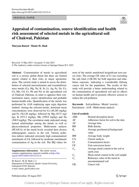 Appraisal Of Contamination Source Identification And Health Risk Assessment Of Selected Metals