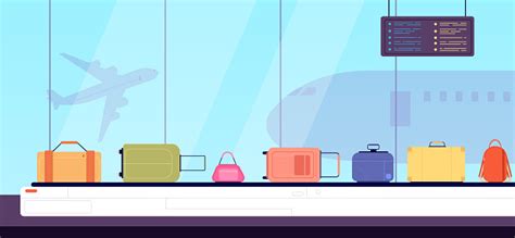벨트에 수하물 플랫 컬러 가방 공항 컨베이어 및 휴가 수하물 도착 터미널 벡터 일러스트레이션에 카툰 가방 체크인 가방에 대한