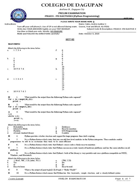 Prelim Examination Itelec3 Ite Elective03 Python Programming Download Free Pdf Control