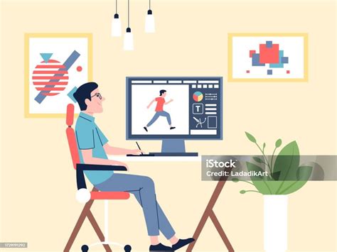 Karakter Desainer Grafis Pria Bekerja Pada Proyek Dengan Komputer Desain Digital Atau Animasi