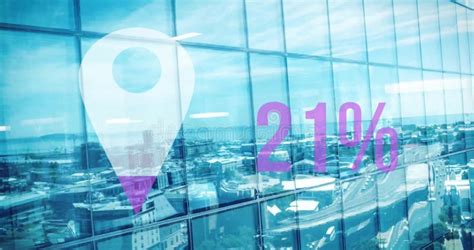 Animation Of Location Pin And Data Processing Over Cityscape Stock