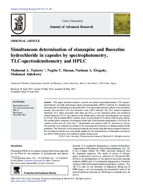 Pdf Simultaneous Determination Of Olanzapine And Fluoxetine Hydrochloride In Capsules By