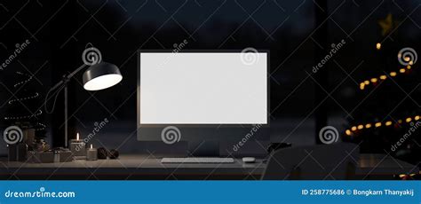 Modern Dark Office Workspace With Pc Computer Mockup Table Lamp Christmas Tree And Stuff Stock