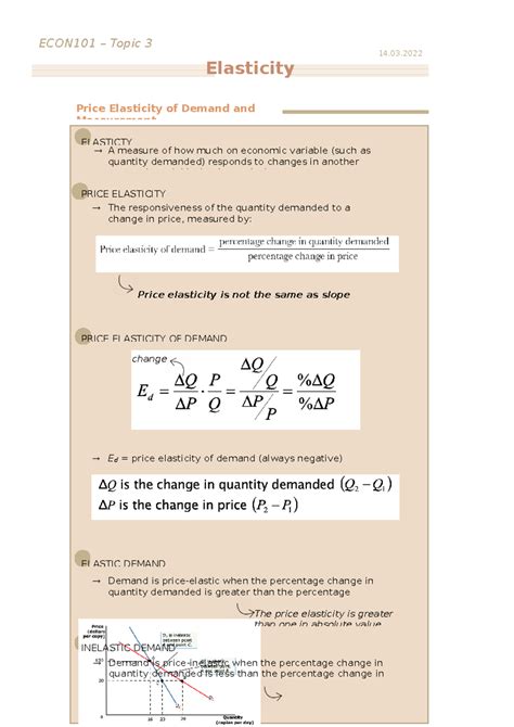 Topic 3 Elasticity Lecture Notes 2022 Econ101 Topic 3 Elasticity Price Elasticity Of