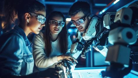 Team Of Engineers Collaborating With Robot Arm Premium Ai Generated Image