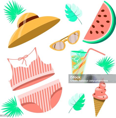 여름 것들 포스터와 캘린더 및 엽서아이콘 집합입니다 비치 컬렉션 수영복 선글라스 큰 여름 모자 칵테일 아이스크림 슬라이스 수박 휴식 바다 벡터 일러스트레이션 개념에 대한