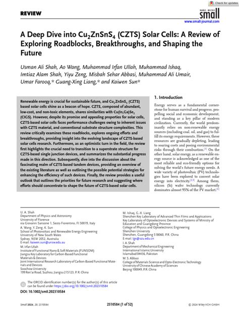Small 2024 Shah A Deep Dive Into Cu2znsns4 Czts Solar Cells A Review Of Exploring