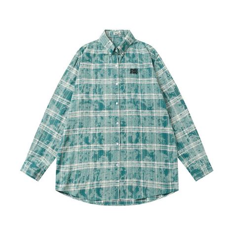 Рубашка Женский Мужской Miu Miu зеленый Длинный Хлопок Вышивка Логотип размер 48 Пряжка Китай