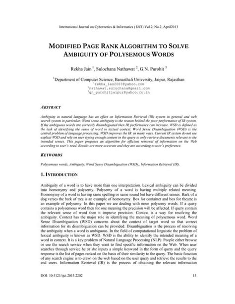 modified page rank algorithm to solve ambiguity of polysemous words pdf