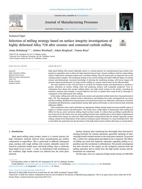 Pdf Selection Of Milling Strategy Based On Surface Integrity