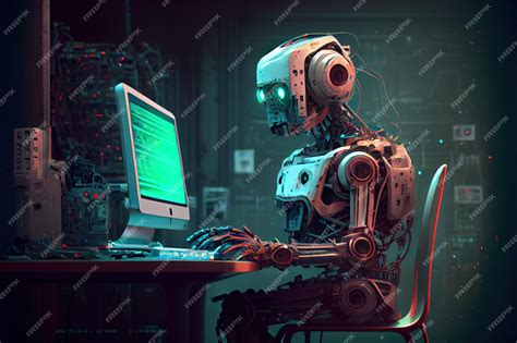 premium photo ai chatbot robot sitting at desk using computer as