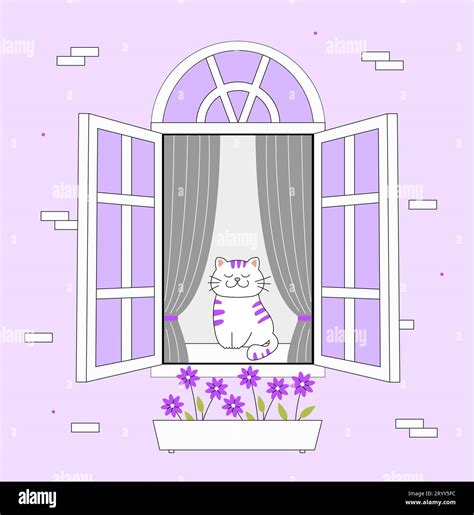 Cat At Windowsill Vector Line Concept Stock Vector Image And Art Alamy