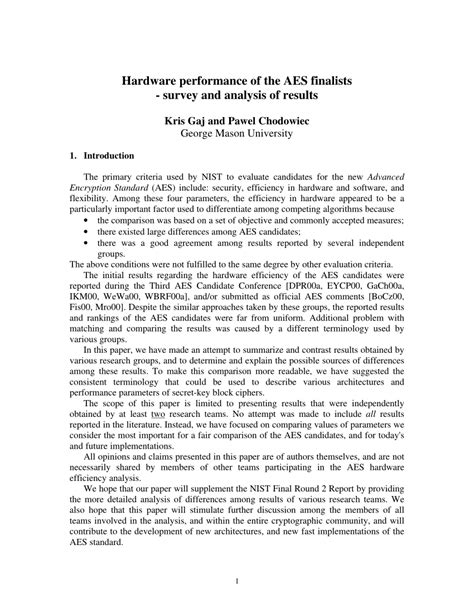 Pdf Hardware Performance Of The Aes Finalists Survey And Analysis Of Results