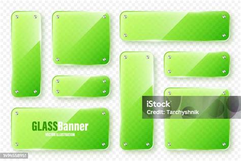 현실적인 유리 프레임 컬렉션입니다 플레어와 하이라이트가 있는 녹색 투명 유리 배너 광택 아크릴 판 빛 반사 요소 및 텍스트 장소 벡터 그림 0명에 대한 스톡 벡터 아트 및