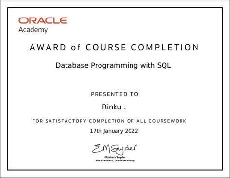Rinku Chhokar On Linkedin Certificate Oracle Database Programming Sql Oraclecertified