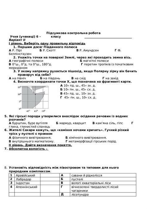 Урок Підсумкова річна контрольна робота з географії 6 клас Конспект Географія