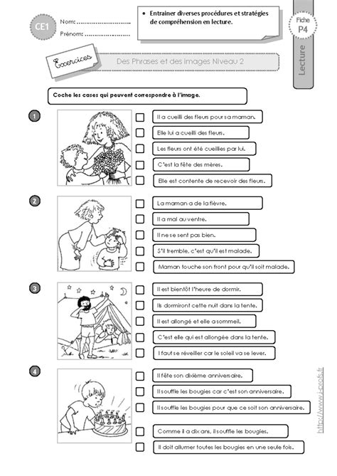 Ce1 Lecture Exercices Phrases Images 2 Ce De Compréhension En Lecture Des Phrases Et Des
