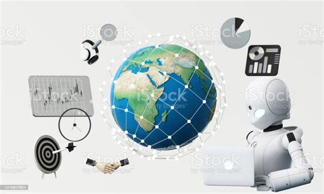 로봇 사이버네틱 유기체는 현실에서 가상 Hud 인터페이스와 톱니바퀴가 달린 Ai 칩과 함께 작동합니다 플라스틱 얼굴이있는 휴머노이드 로봇이 디지털 화면을 누릅니다 미래 개념