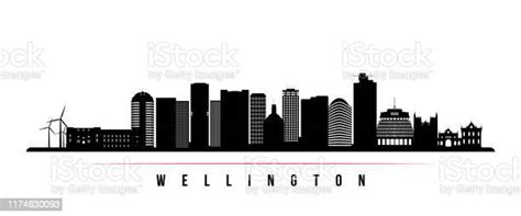 웰링턴 스카이 라인 수평 배너입니다 뉴질랜드 웰링턴의 흑백 실루엣 설계를 위한 벡터 템플릿입니다 웰링턴 뉴질랜드 웰링턴 지역에 대한 스톡 벡터 아트 및 기타 이미지 Istock