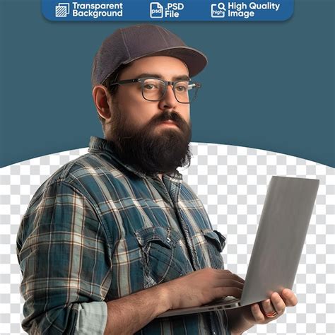 Portrait Of An American Man Half Body Laptop Computer Programmer Network Security Hacking