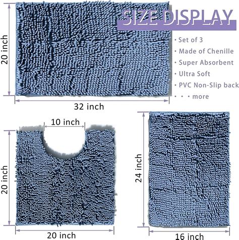 Light Blue Bathroom Rugs Set Non Slip 3 Pieces Bath Mats Set Chenille