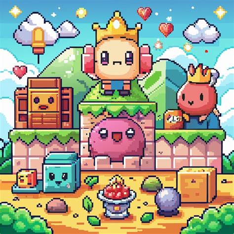 Pixelated Cute Characters And Objects With A Crown On A Platform Premium Ai Generated Vector
