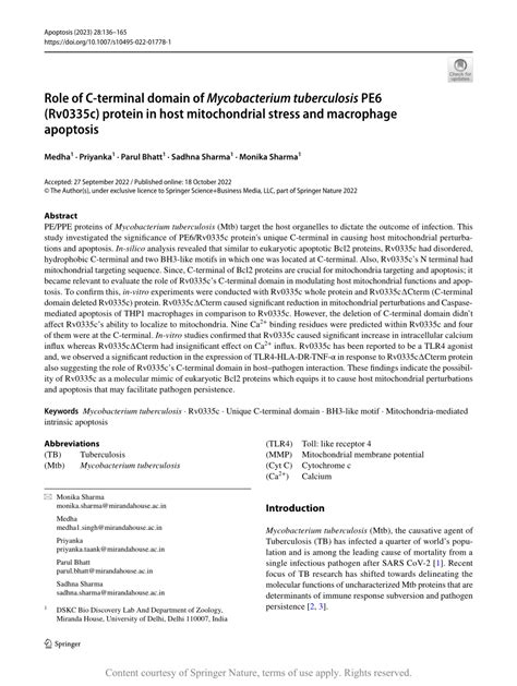 Role Of C Terminal Domain Of Mycobacterium Tuberculosis Pe6 Rv0335c