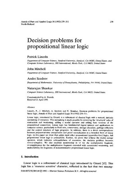 Pdf Decision Problems For Propositional Linear Logic · Complete The