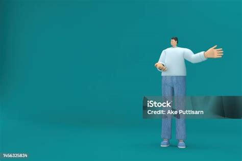 청바지와 긴 셔츠를 입은 만화 캐릭터 그는 말할 때 몸과 손의 표현입니다 연기의 3d 렌더링 3차원 형태에 대한 스톡 사진 및 기타 이미지 Istock