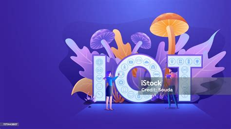 플랫 디자인 사물 인터넷 개념 사물과 개체와 통신 네트워크 인간의 문자 개념 벡터의 매일 사용 0명에 대한 스톡 벡터 아트 및
