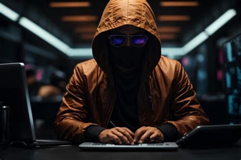 Premium Photo Hacker Working On Laptop At Night In Dark Office Young Man Wearing Hoodie And