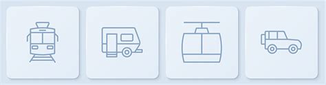 세트 라인 트램 과 철도 케이블카 Rv 캠핑 트레일러 와 오프로드 흰색 정사각형 버튼 벡터 4x4 자동차에 대한 스톡 벡터 아트 및 기타 이미지 Istock