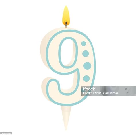 불을 붙인 필리가 있는 숫자 9 형태의 케이크 양초 기념일 축하 행사 생일 파티 축제 장식 흰색 배경에 고립 된 벡터 그림입니다 개체 그룹에 대한 스톡 벡터 아트 및 기타