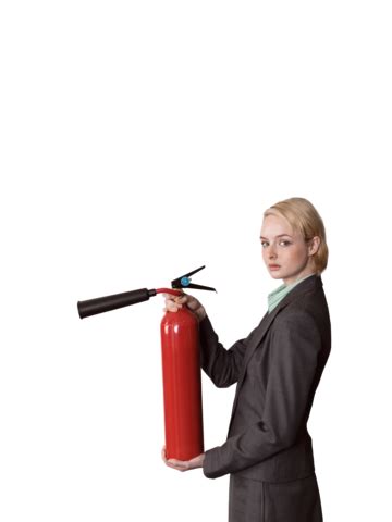 Businesswoman Holding Fire Extinguisher Under Exit Sign Firefighting Equipment Caucasian