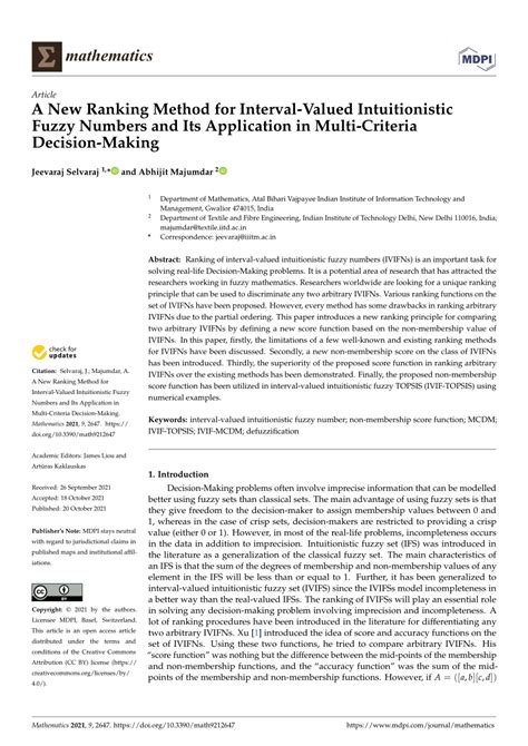 Pdf A New Ranking Method For Interval Valued Intuitionistic Fuzzy