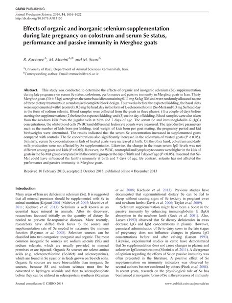 Pdf Effects Of Organic And Inorganic Selenium Supplementation During