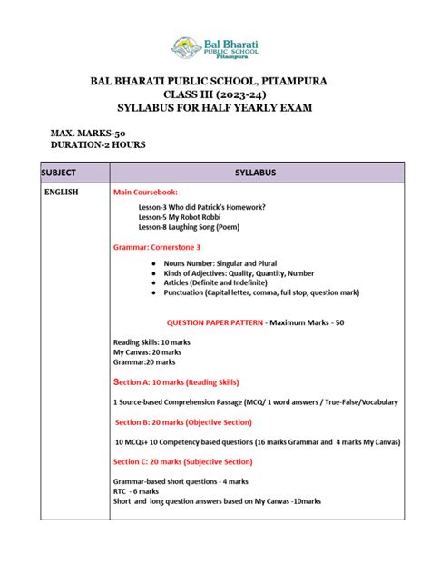 Class 3 Syllabus Hy2023 Pdf Multiple Choice Languages