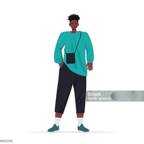 캐주얼 트렌디 한 옷을 입은 젊은 남자 아프리카 계 미국인 만화 캐릭터 스탠딩 포즈 개념에 대한 스톡 벡터 아트 및 기타 이미지 개념 귀여운 긍정적인 감정 표현