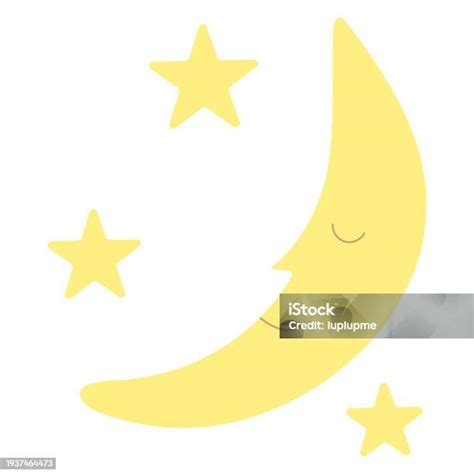 두 개의 별이 있는 잠자는 초승달 귀여운 간단한 만화 좋은 밤 테마 웃는 달과 별 취침 시간 보육 장식 벡터 일러스트 레이 션