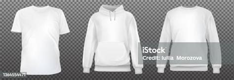 투명 한 배경에 고립 된 사실적인 흰색 티셔츠 스웨트 셔츠 후드 베이스 천 세트 남성 또는 여성 패션 브랜딩에 대한 빈 모형