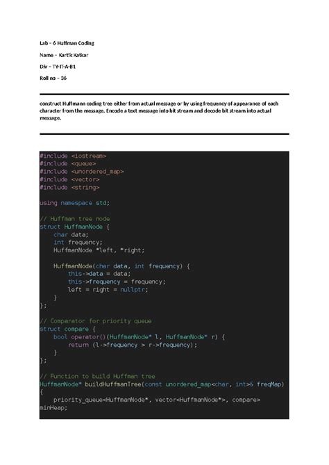 Lab 6 Huffman Coding Lab 6 Huffman Coding Name Kartik Katkar