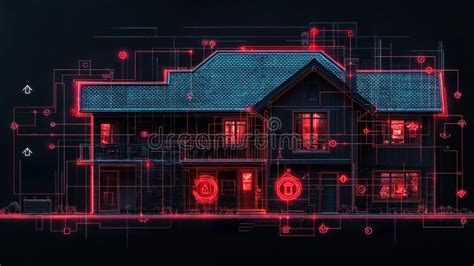 Front View Of A Modern Smart Home Integrated With A Digital Network Interface Red Neon Lines