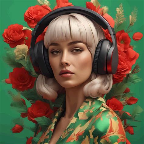 Premium Vector Vector Portrait Of A Woman With Headphones And Flowers