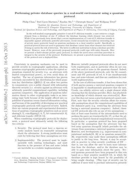 pdf performing private database queries in a real world environment using a quantum protocol