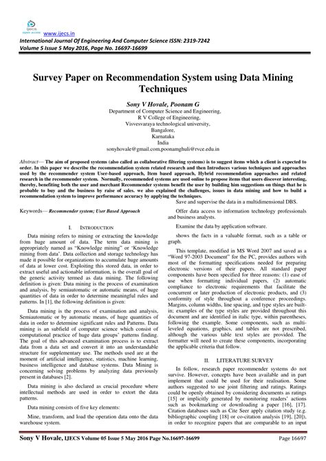 Pdf Survey Paper On Recommendation System Using Data Mining Techniques