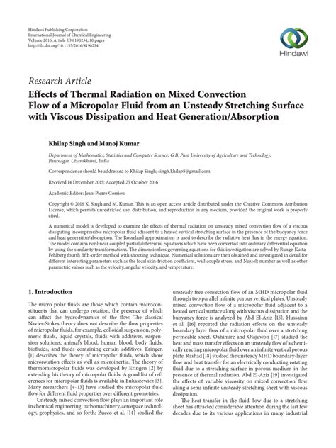 Pdf Effects Of Thermal Radiation On Mixed Convection Flow Of A Micropolar Fluid From An