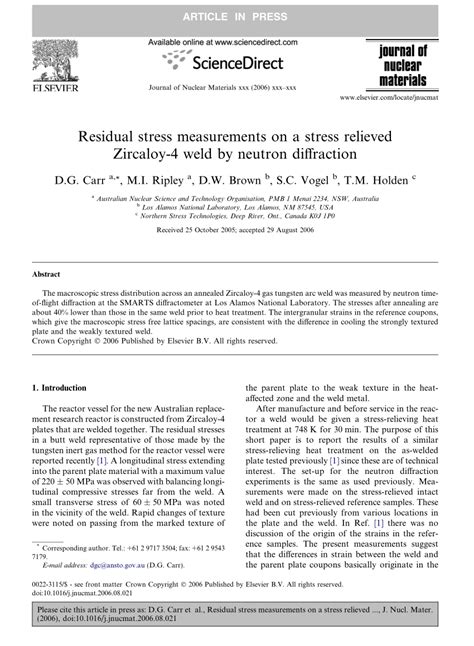 Pdf Residual Stress Measurements On A Stress Relieved Zircaloy4 Weld