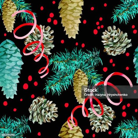 모든 인쇄를위한 검은 배경 원활한 패턴에 티커 테이프 수채화와 가문비 나무 와 분홍색 콘 0명에 대한 스톡 벡터 아트 및 기타 이미지 0명 12월 가문비나무 Istock