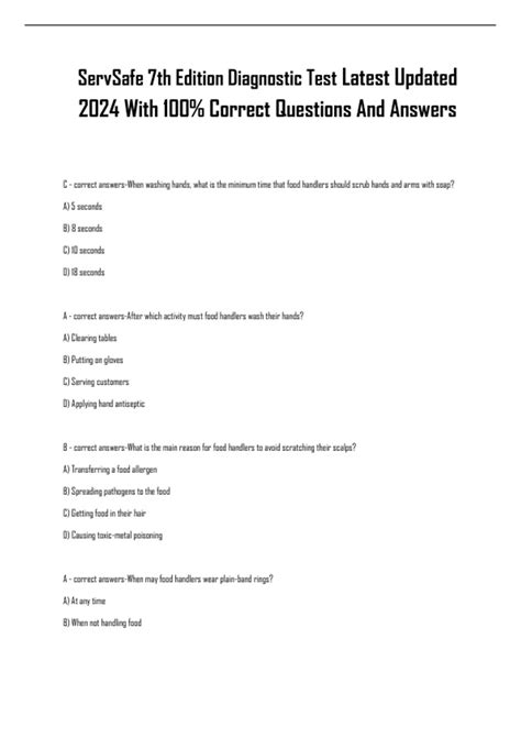 Servsafe 7th Edition Diagnostic Test Latest Updated 2024 With 100 Correct Questions And Answers